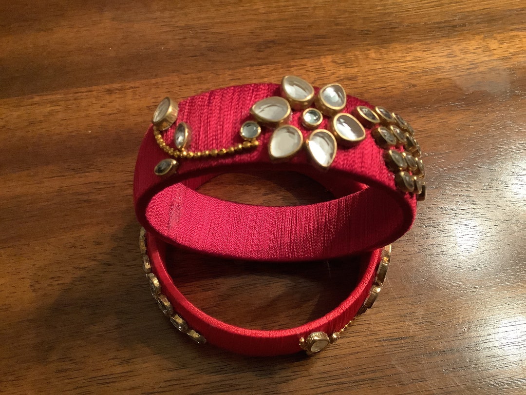 Burgundy Reshmi Thread Bangle W/ Kundan Flower W/ Stem & - Etsy