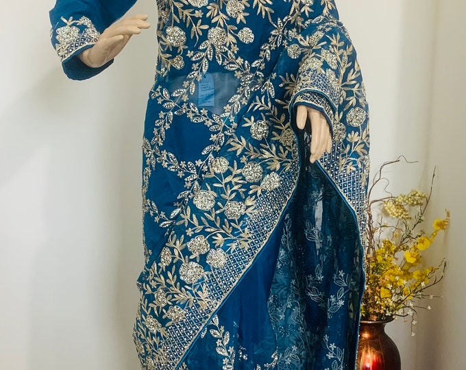 Dark Blue Hand Embroidered Muslin Saree With Ready Blouse(size 40”) CZ ...