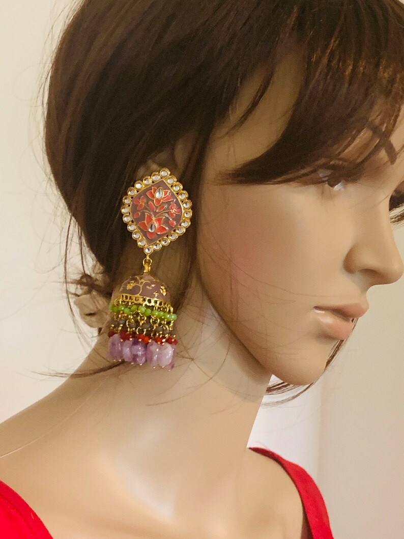 Golden Onion Colour Jhumki Kundan Green and Purple Moti Peach and ...