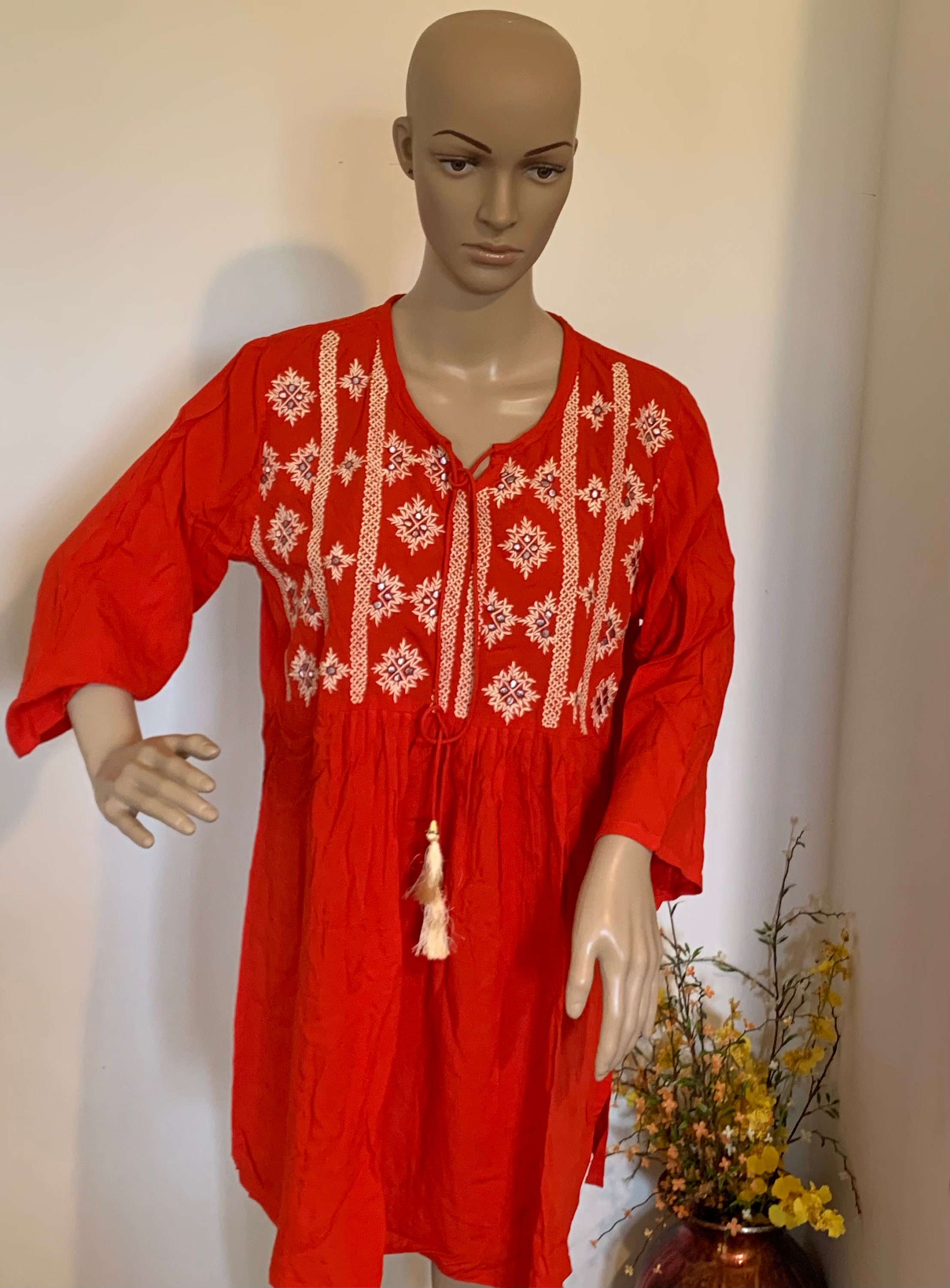 Cotton Linen Red Kurti Cross and Satin Stitch Tussle String on Neck ...