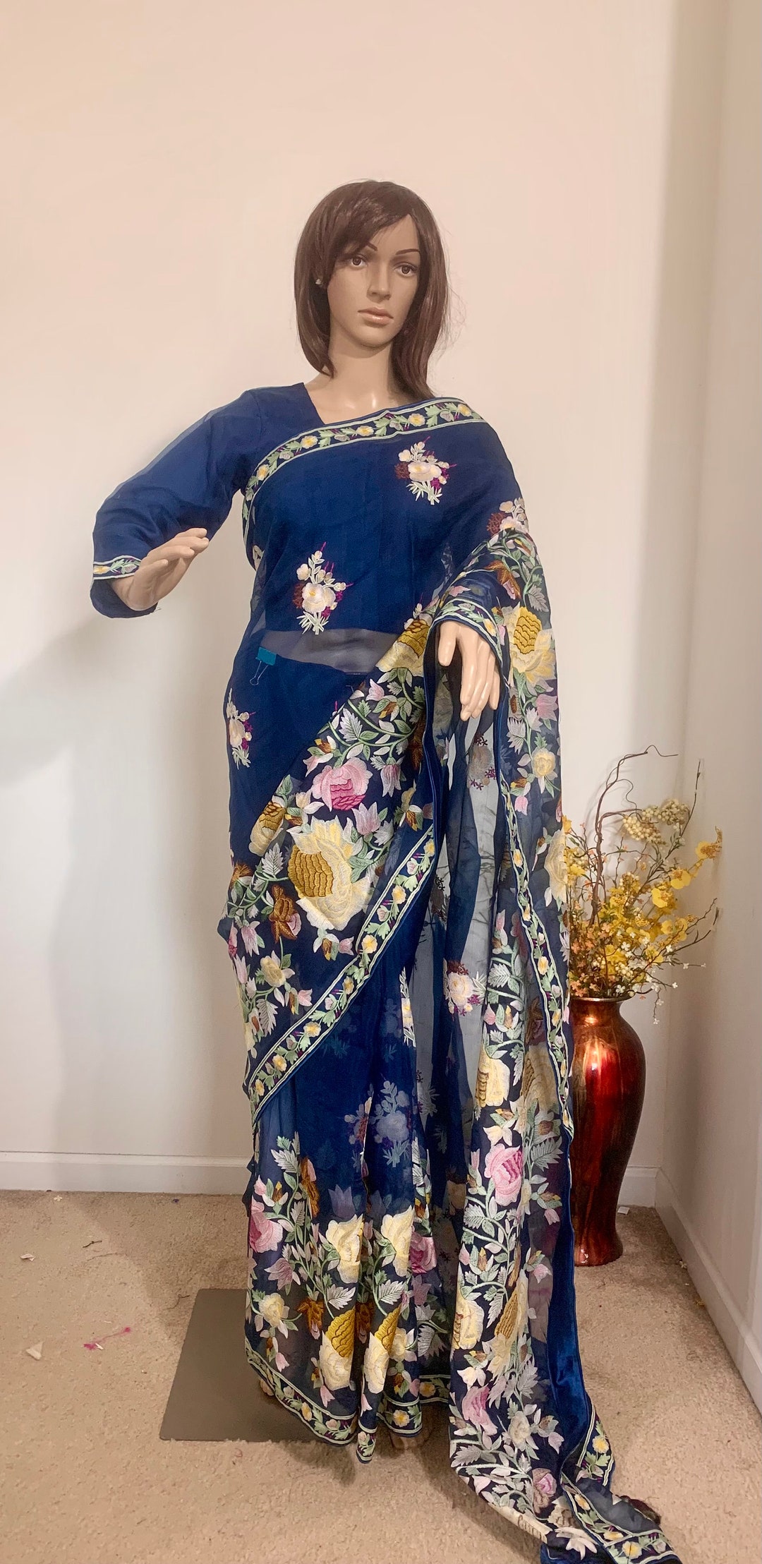 Muslin Blue Colour Saree and Ready Blouse With Machine Embroidery Fall ...