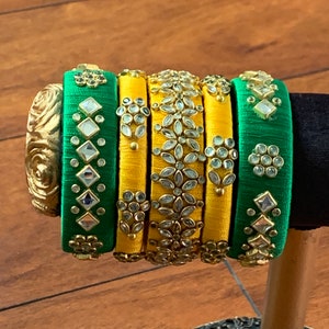 Green and Yellow5 Piece Reshmi Silk Thread Bangle Set Has 3 Medium ...
