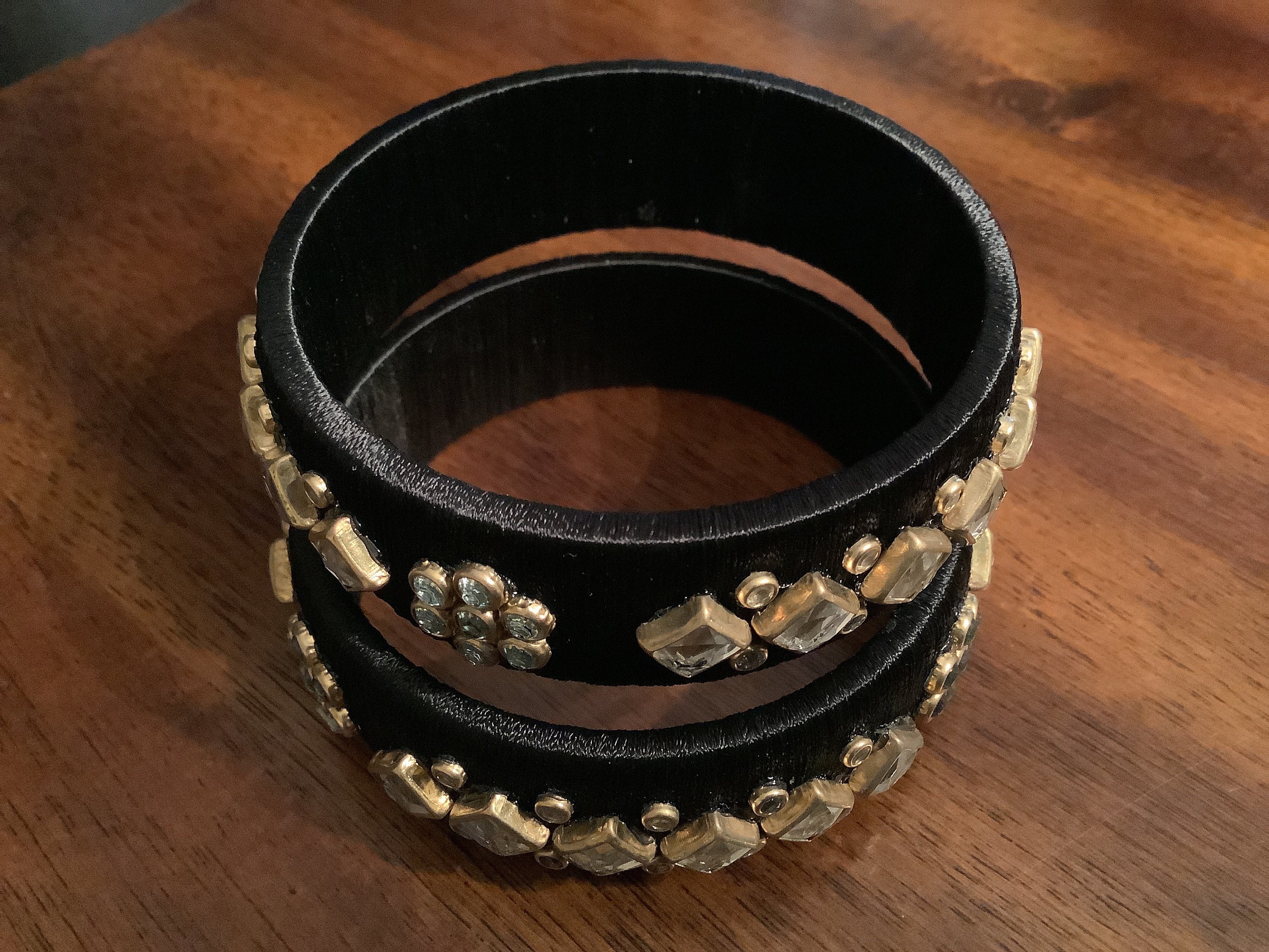 Black Silk Thread Bangle W/ Kundan Diamonds & Flower Design. - Etsy