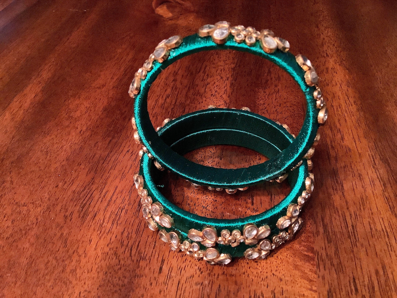 Dark Green Thin Width Reshmi Thread Bangle W/ Kundan Flower - Etsy