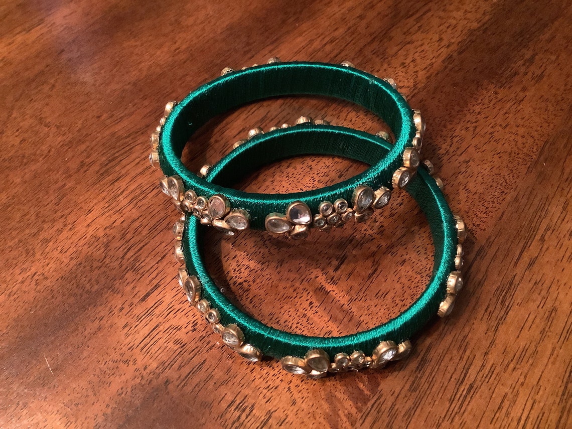 Dark Green Thin Width Reshmi Thread Bangle W/ Kundan Flower - Etsy