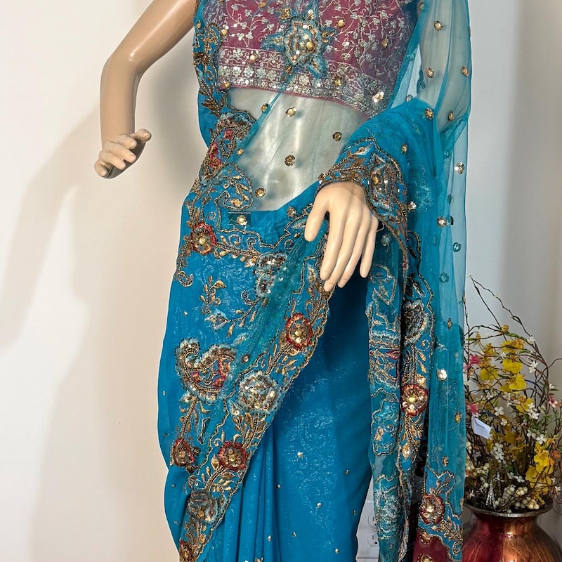 Blue Heavy Net Saree - Etsy