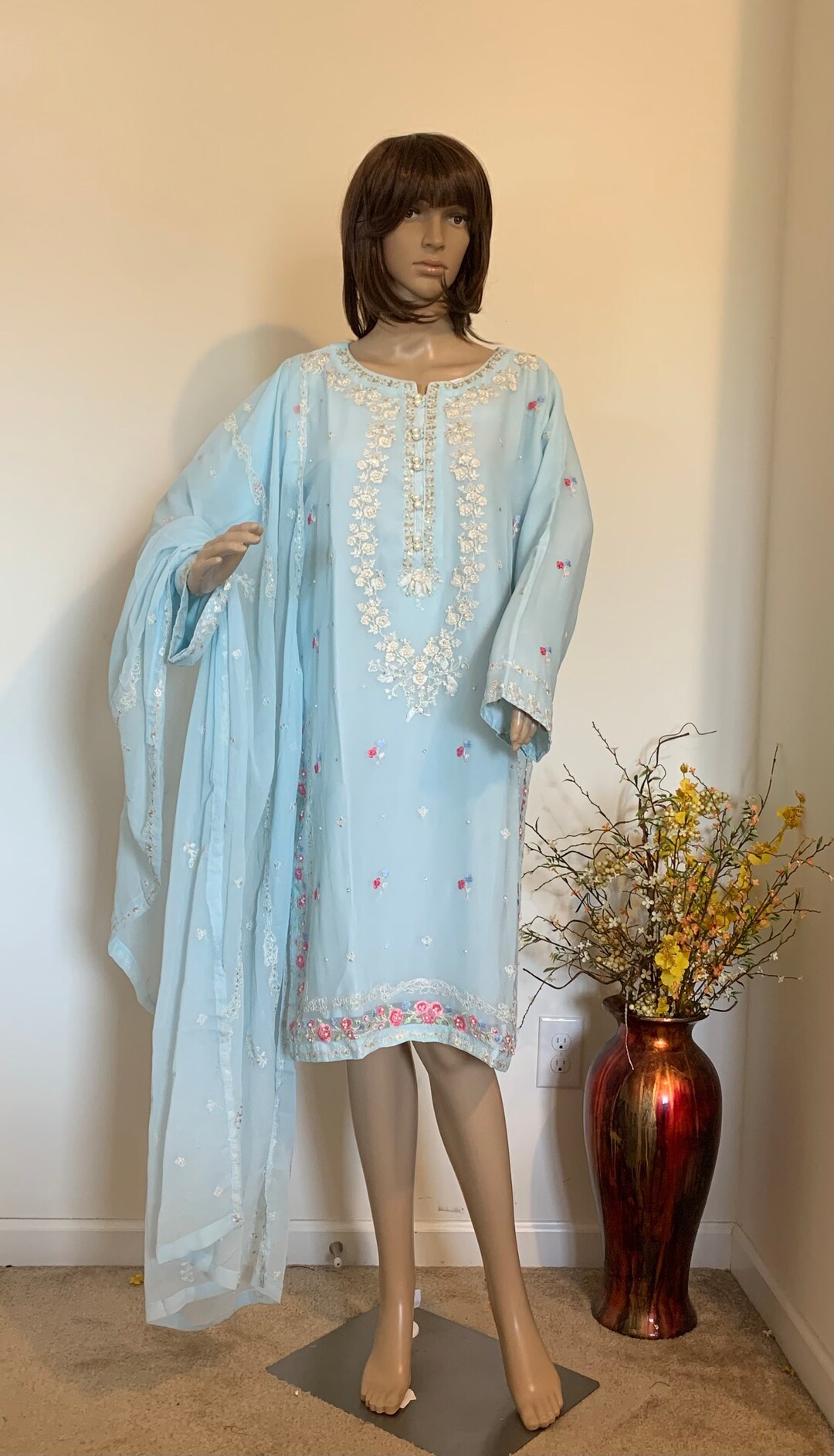 Aaganoor Inspired Pakistani Designer Light Blue Chiffon Kurta&orna,full ...