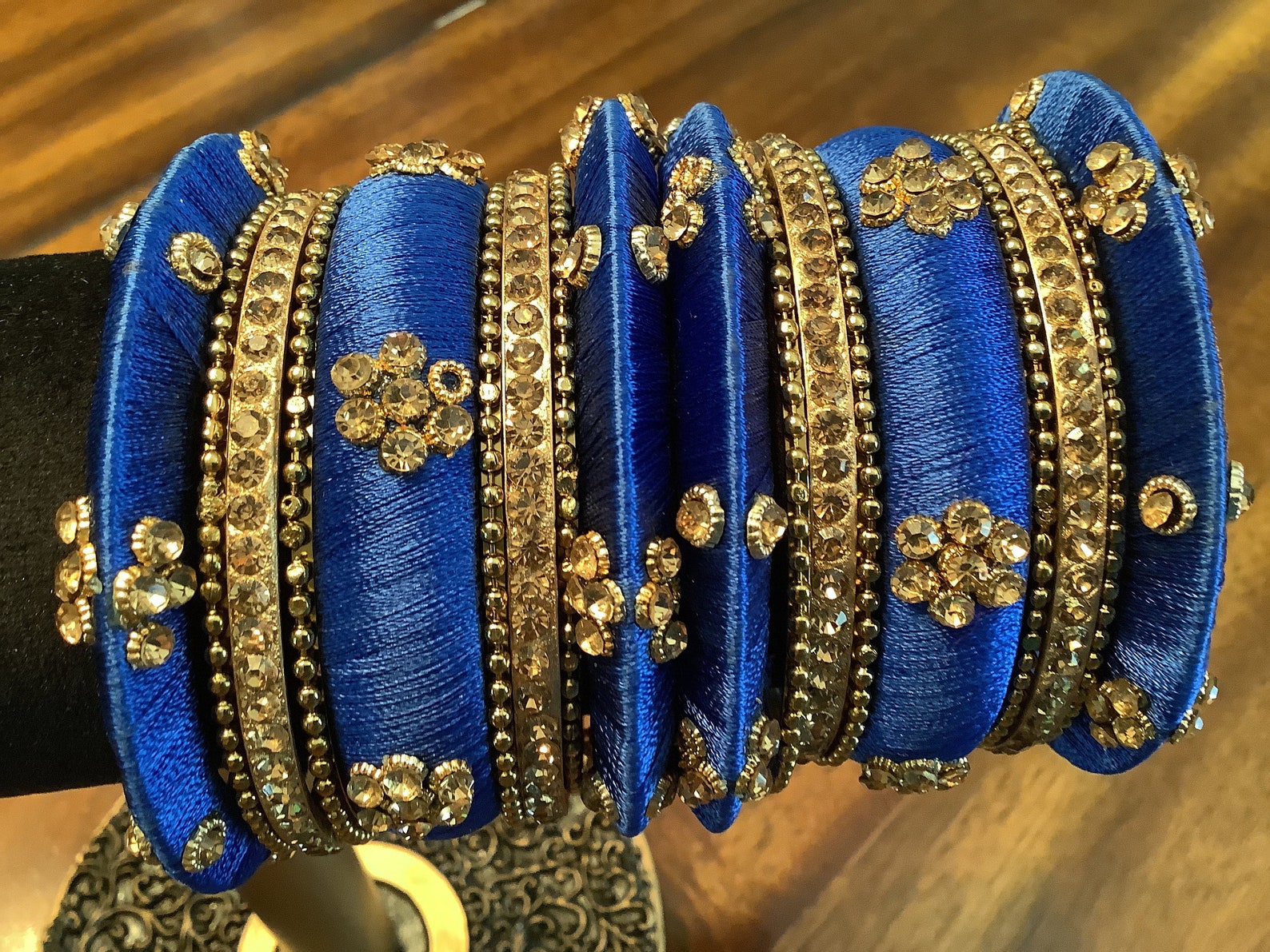 Handmade royal blue Indian silk bangles w/ stone work & gold | Etsy