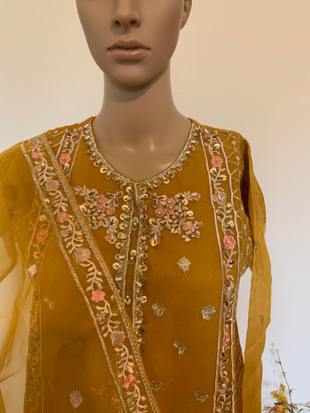 2 Piece Mustard Muslin Pakistani Kurta With Muslin Orna Has Heavy Neck ...