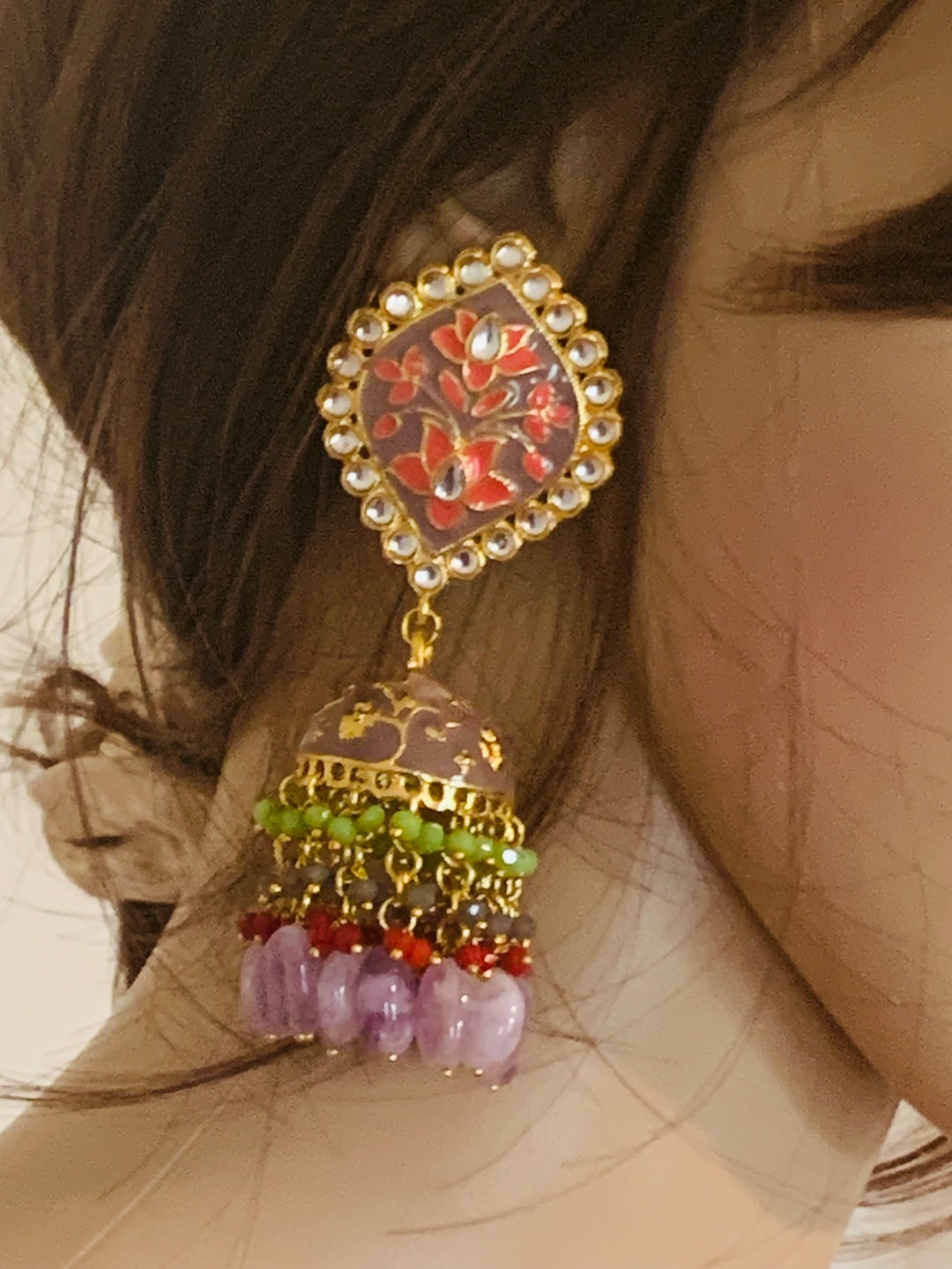Golden Onion Colour Jhumki Kundan Green and Purple Moti Peach and ...