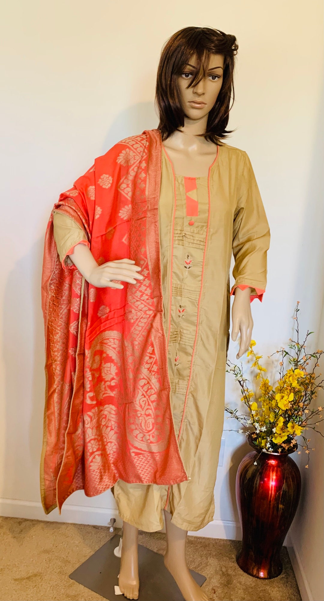 Light Brown Soft Silk Kurta Design With Gajri Color Piping Embroidery ...