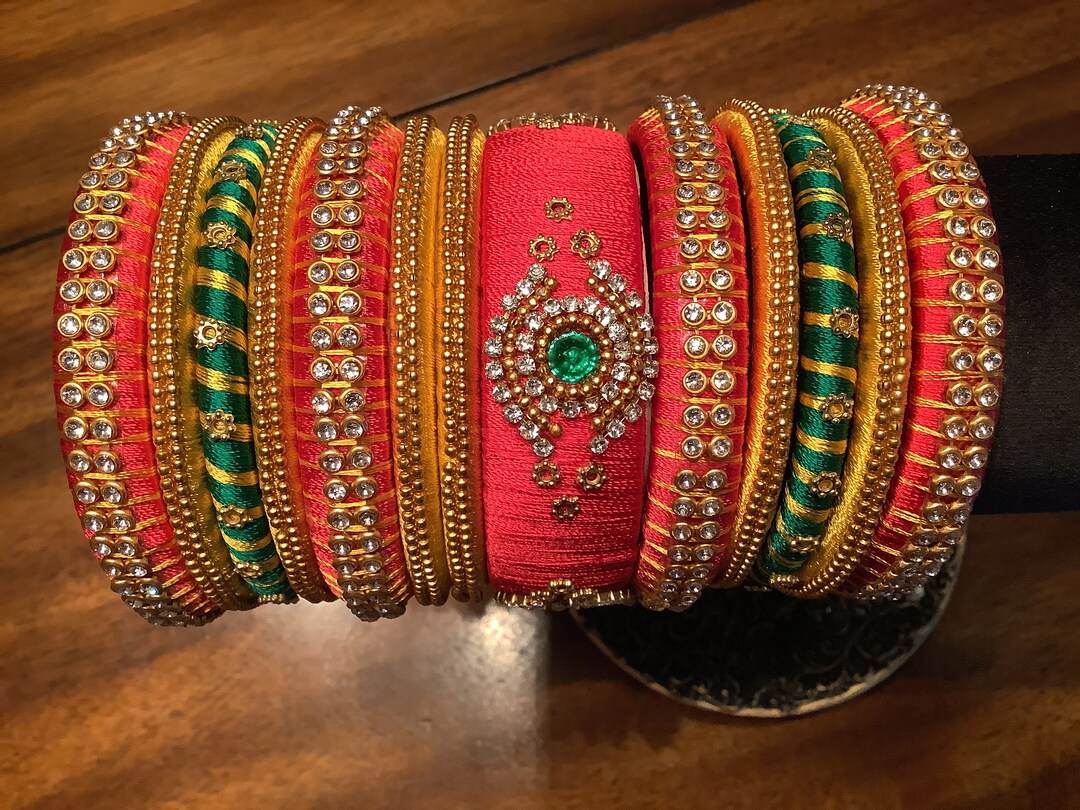 Handmade Hot Pink,gold Reshmi Thread Wedding Bangles Set Withcircle & Star Design Stonework.full ...