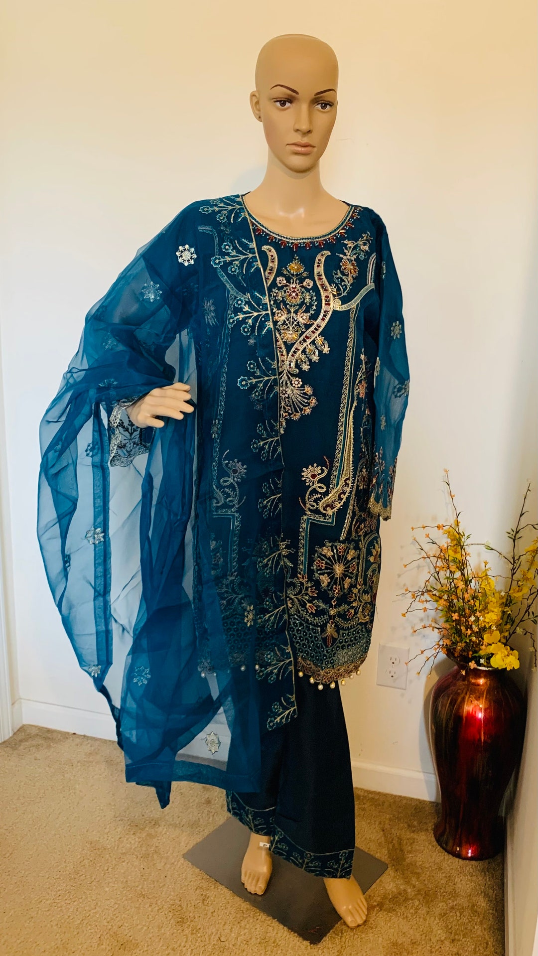 Blue Muslin Pakistani 3pcs Kurta Set: Pearl Sequin Work, Tassel Detail ...