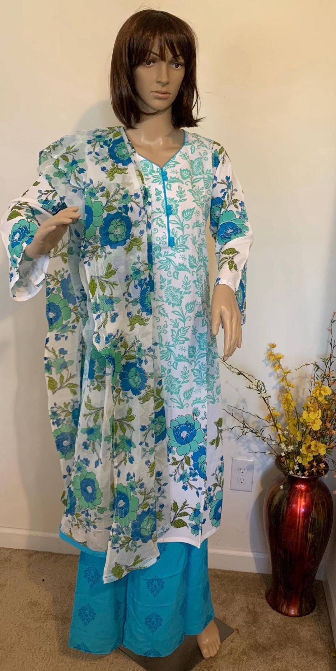 White Blue Screen Print Cotton Orab Cut Full Sleeve 3pcs Kurti With ...