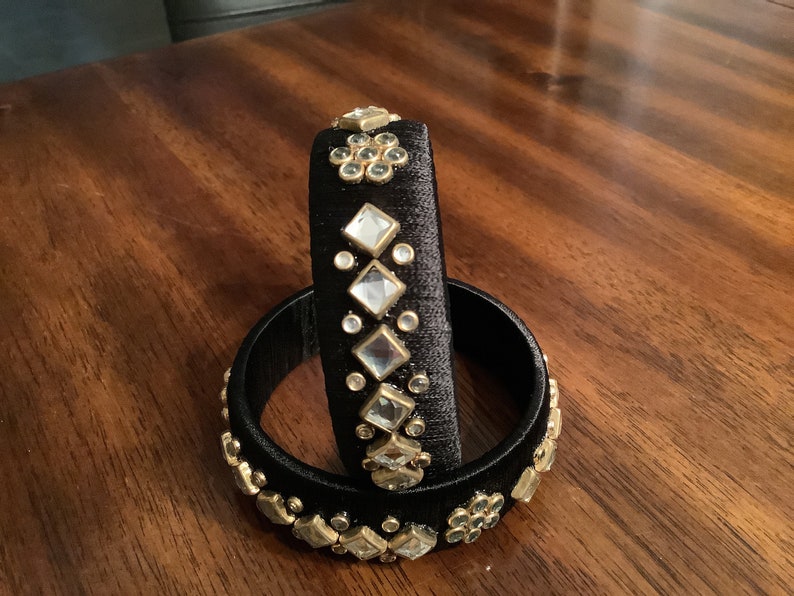 Black Silk Thread Bangle W/ Kundan Diamonds & Flower Design. - Etsy