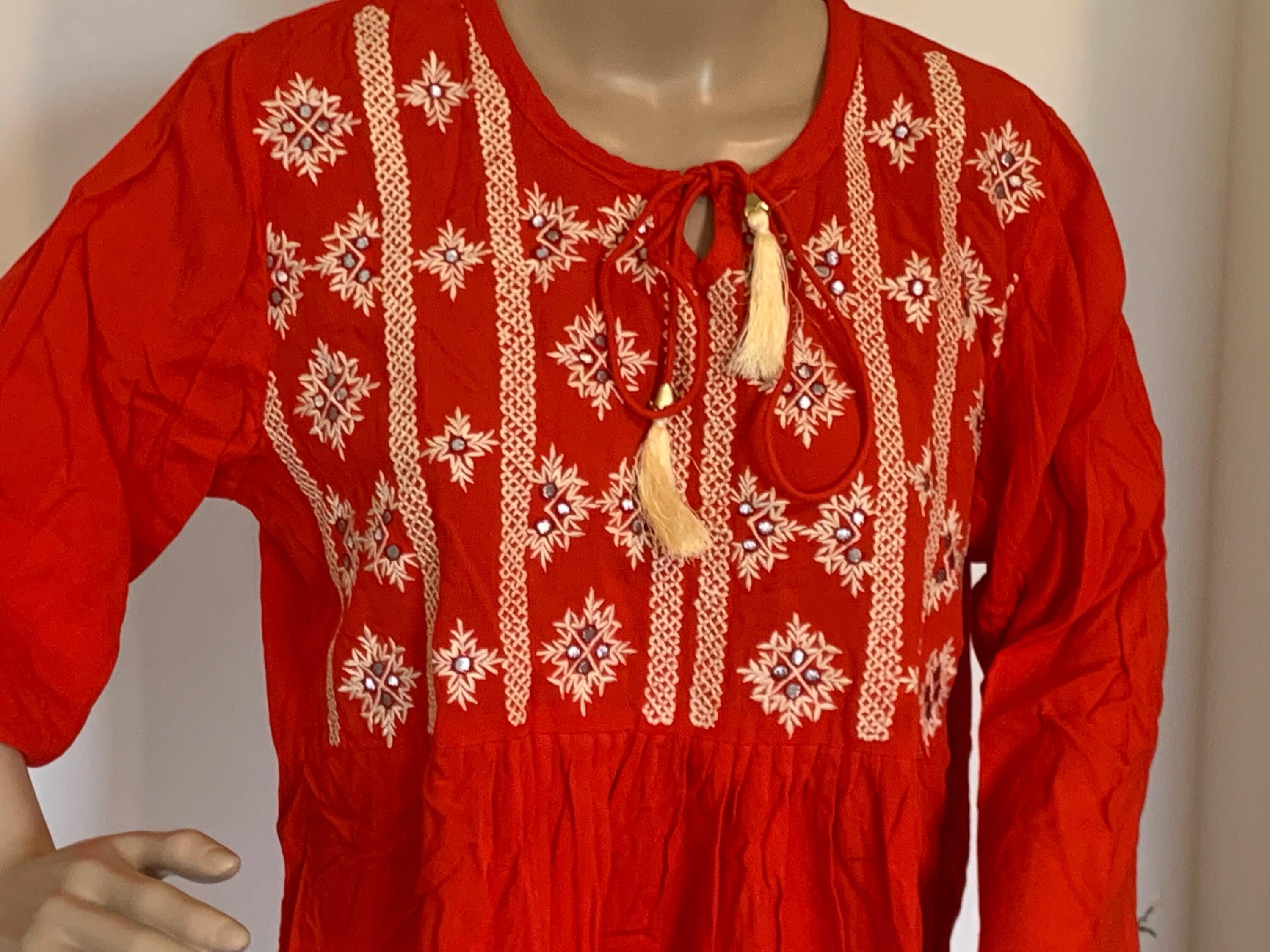 Cotton Linen Red Kurti Cross and Satin Stitch Tussle String on Neck ...