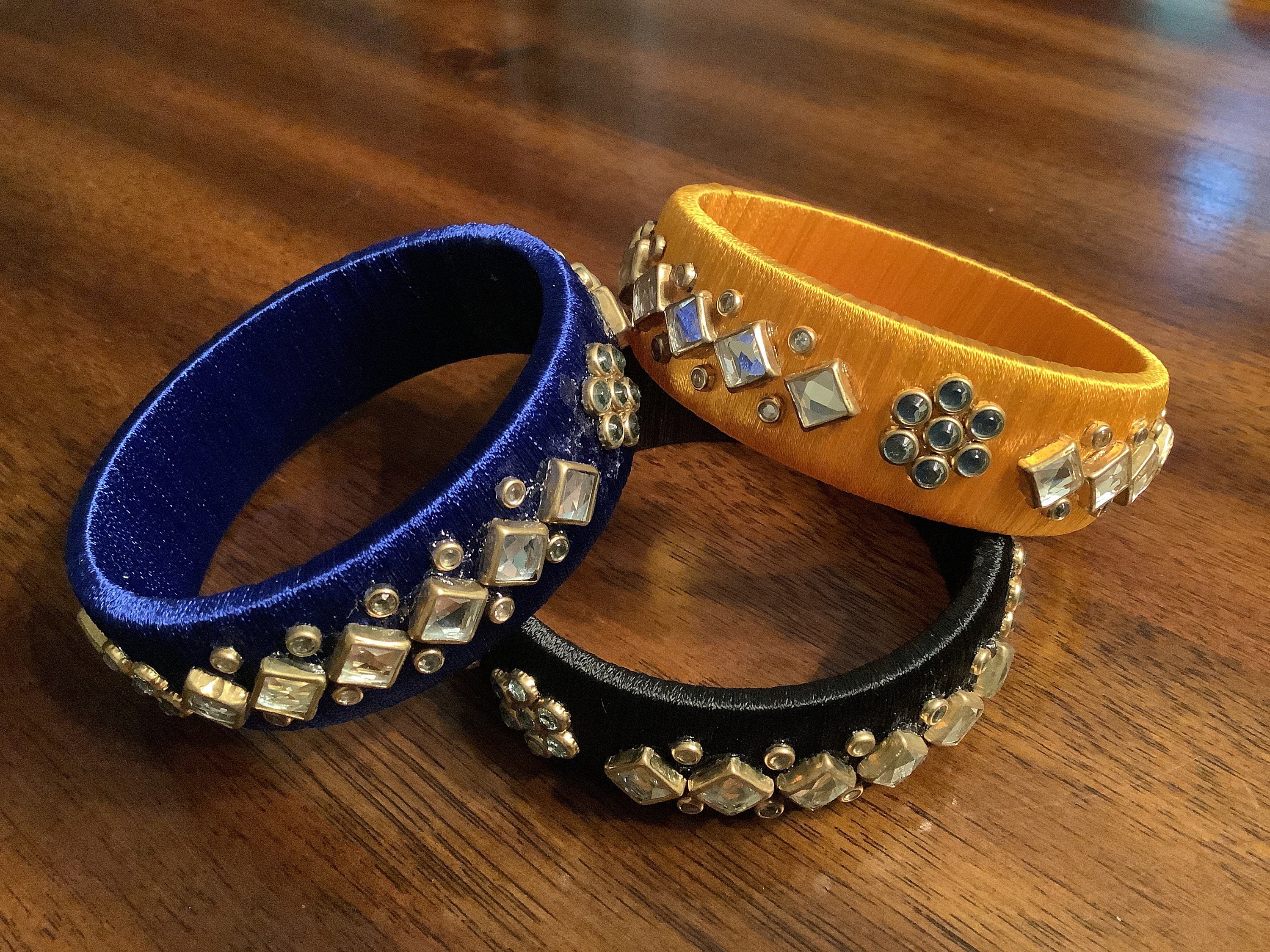 Black Silk Thread Bangle W/ Kundan Diamonds & Flower Design. - Etsy