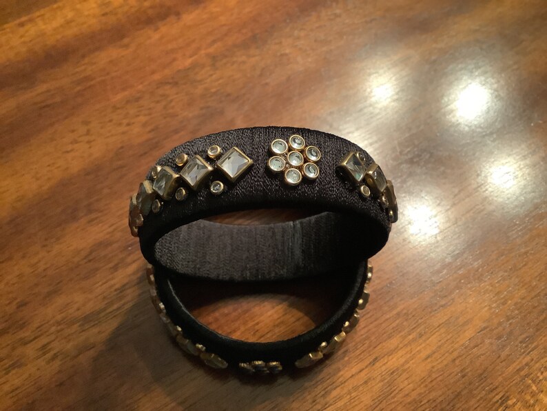 Black Silk Thread Bangle W/ Kundan Diamonds & Flower Design. - Etsy