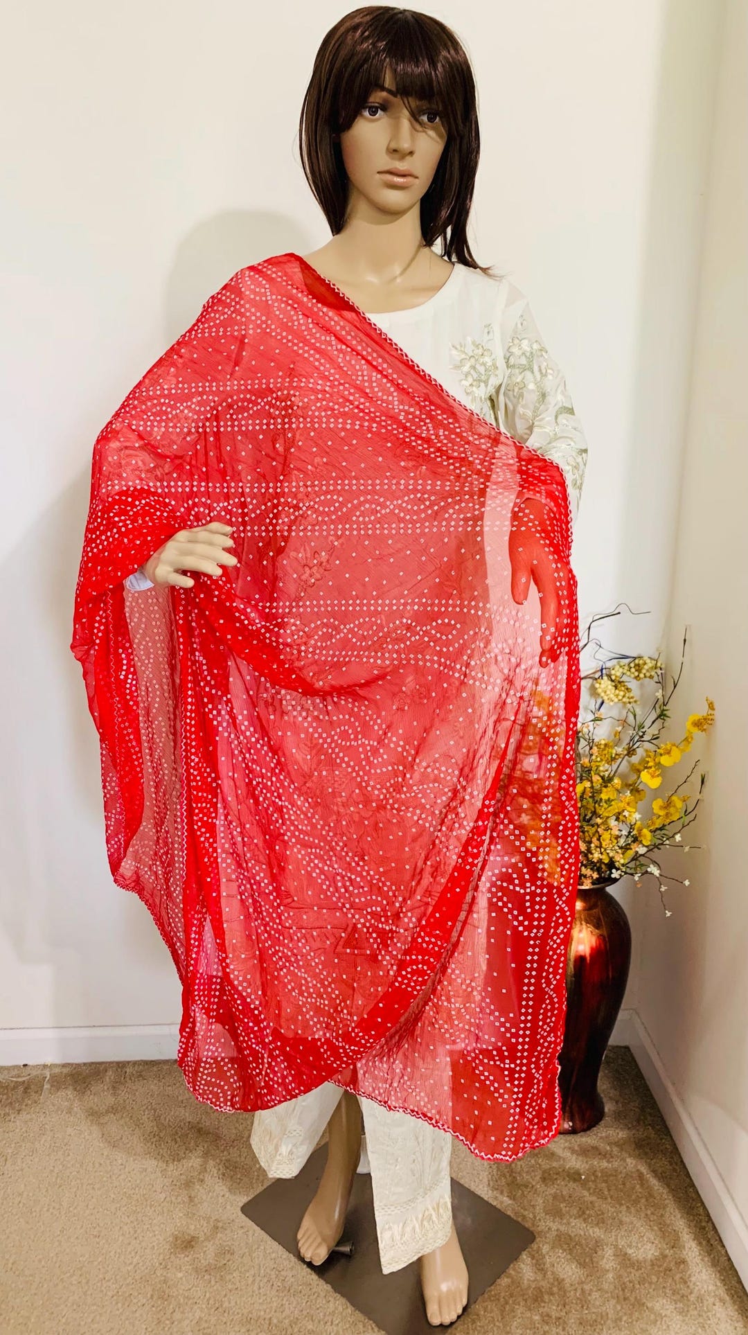 Red Chiffon Bandhni Design Dopatta,chunri Dupatta - Indian Dupatta ...