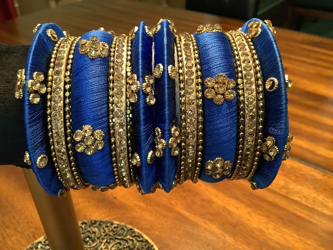 Handmade royal blue Indian silk bangles w/ stone work & gold | Etsy
