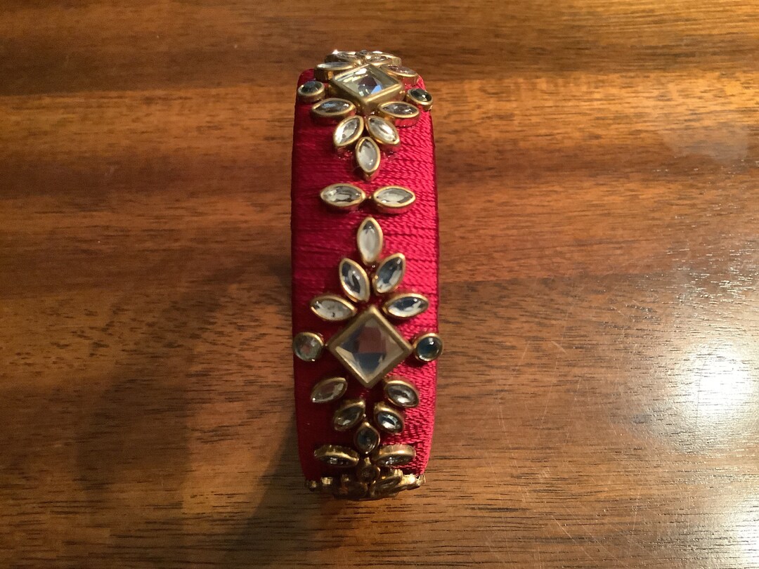 Burgundy Reshmi Thread Bangle W/ Diamond & Leaf Design - Etsy
