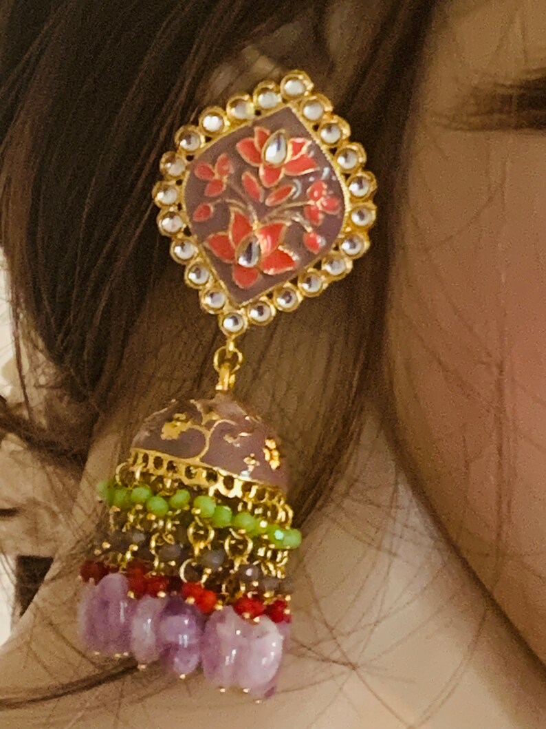 Golden Onion Colour Jhumki Kundan Green and Purple Moti Peach and ...
