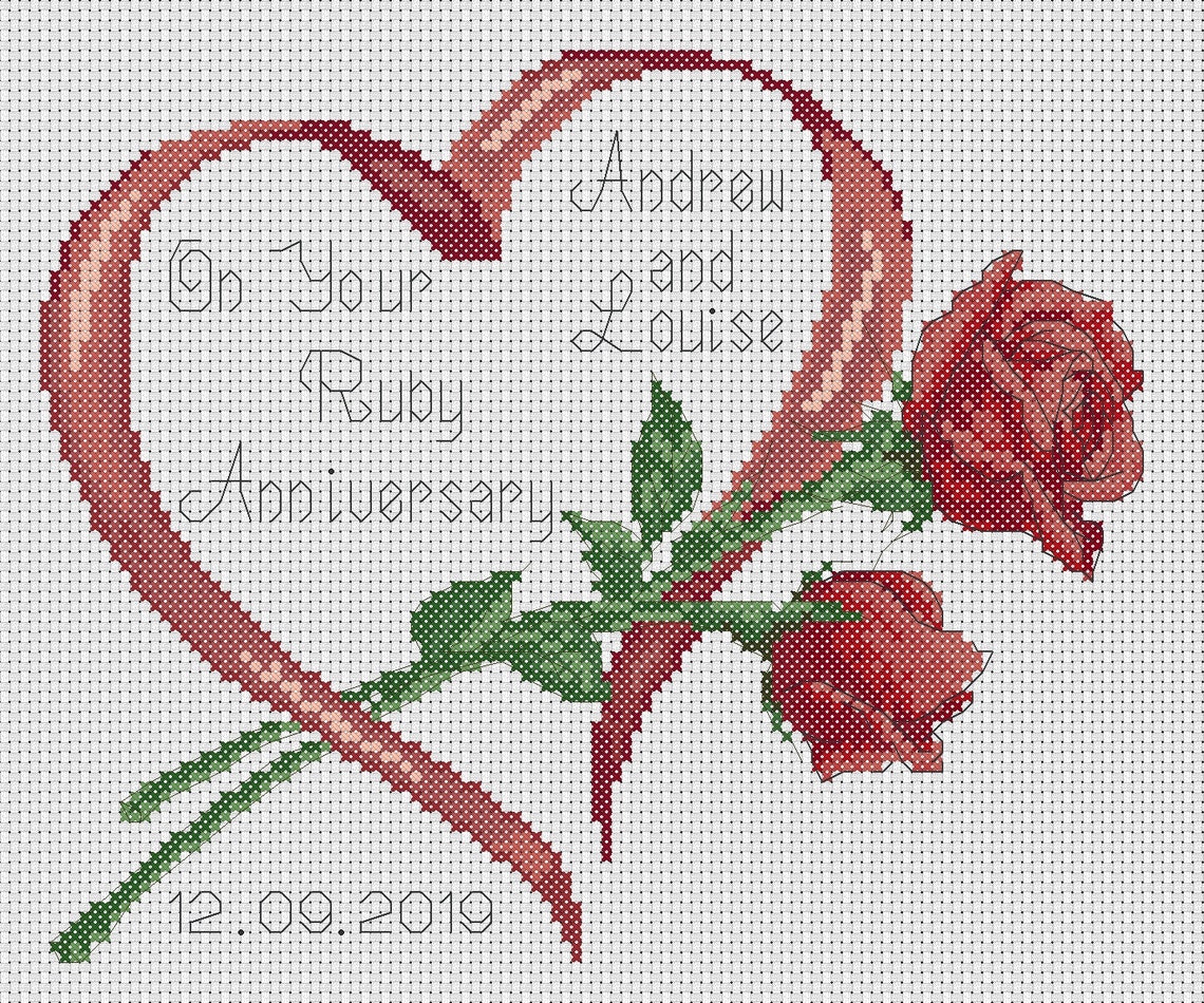 Cross stitch chart Ruby wedding anniversary 40th sampler roses | Etsy
