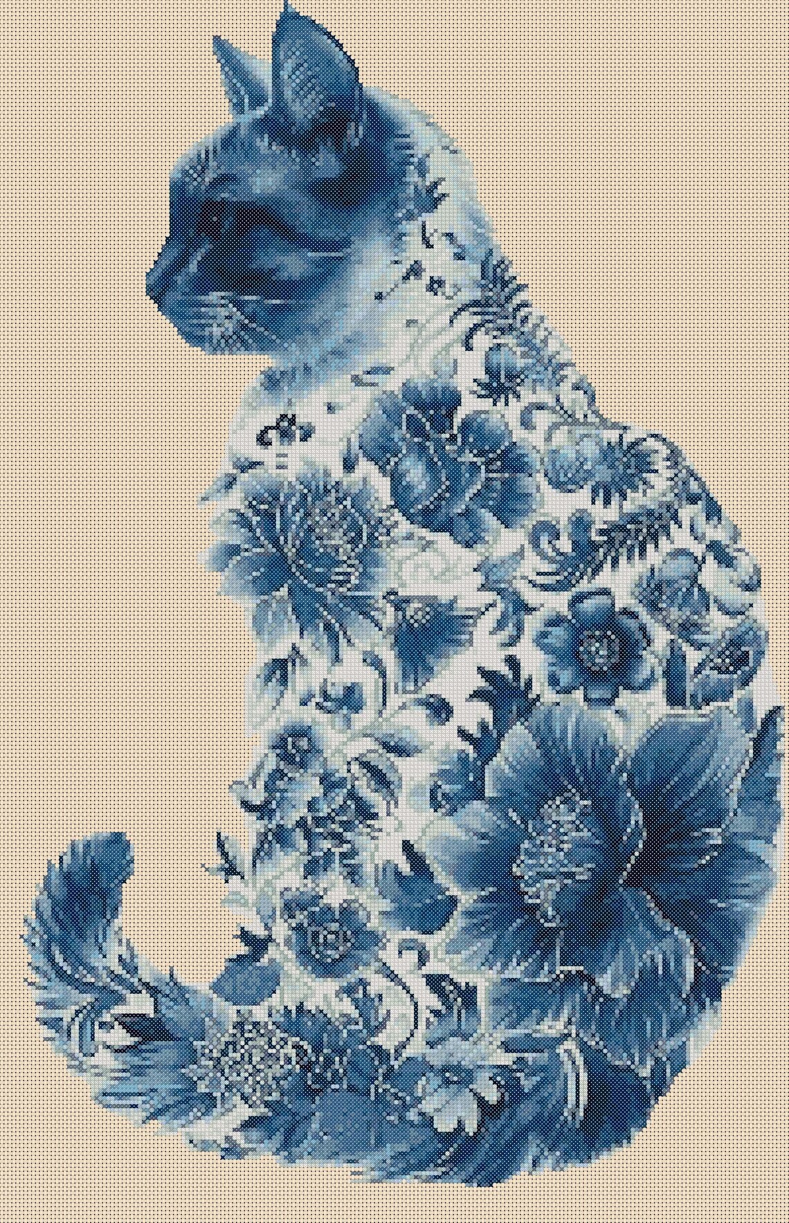 Cat Cross Stitch Chart Colourful Delft Blue Cat 1 519 - Etsy