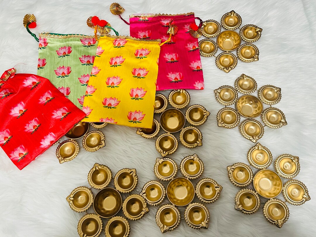 7” Metal Small Diya Urli With Potli Bag / Traditional Decorative Bowl ...