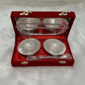 German Silver 2 Bowl,2 Spoon and 1 Tray Set With Red Velvet Box ...