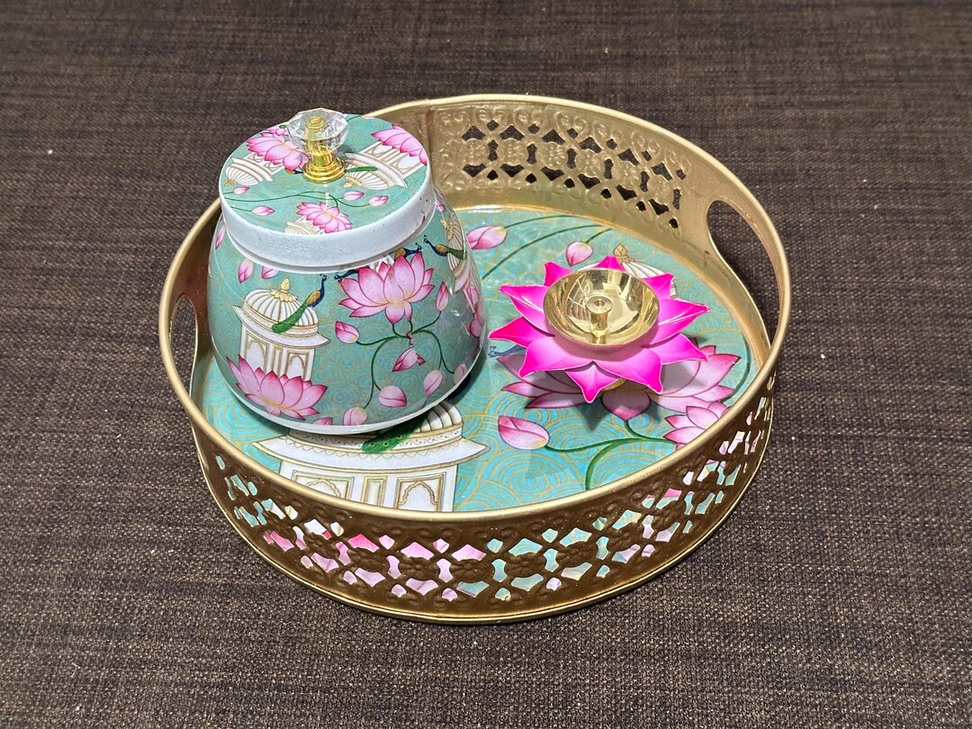 Round Pichwai Lotus Print Tray, Jar, and Diya Home Decor, Best Return ...