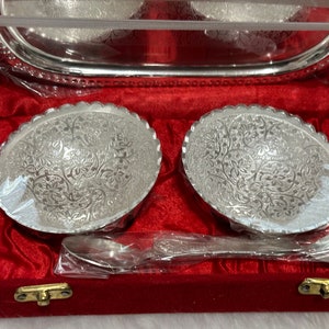 German Silver 2 Bowl,2 Spoon and 1 Tray Set With Red Velvet Box ...