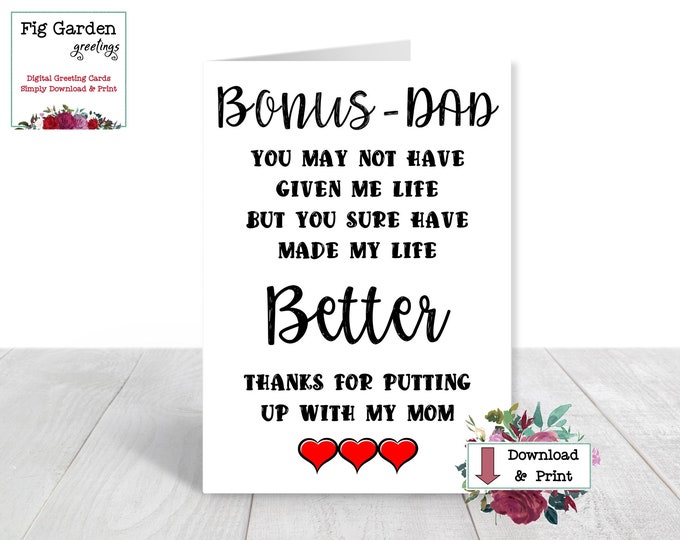 Bonus Dad Fathers Day Card for Step Daddy Printable Card - Etsy