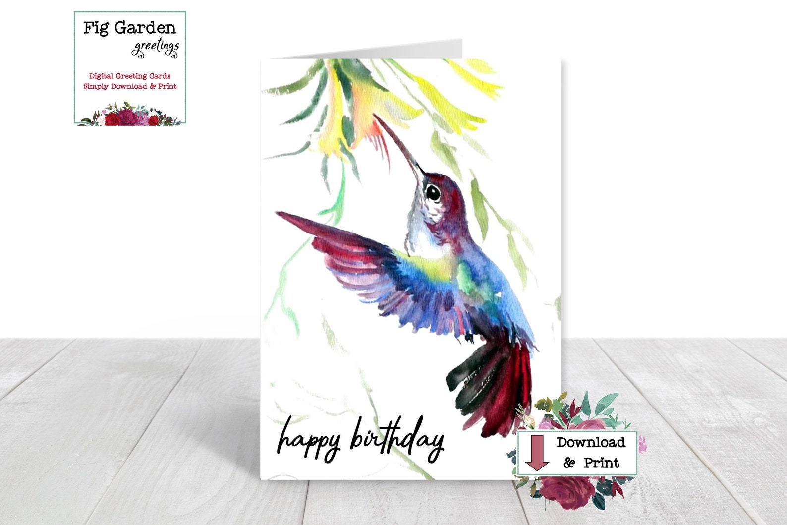 Hummingbird Birthday Card, Printable Card for Her, Pretty Watercolor ...