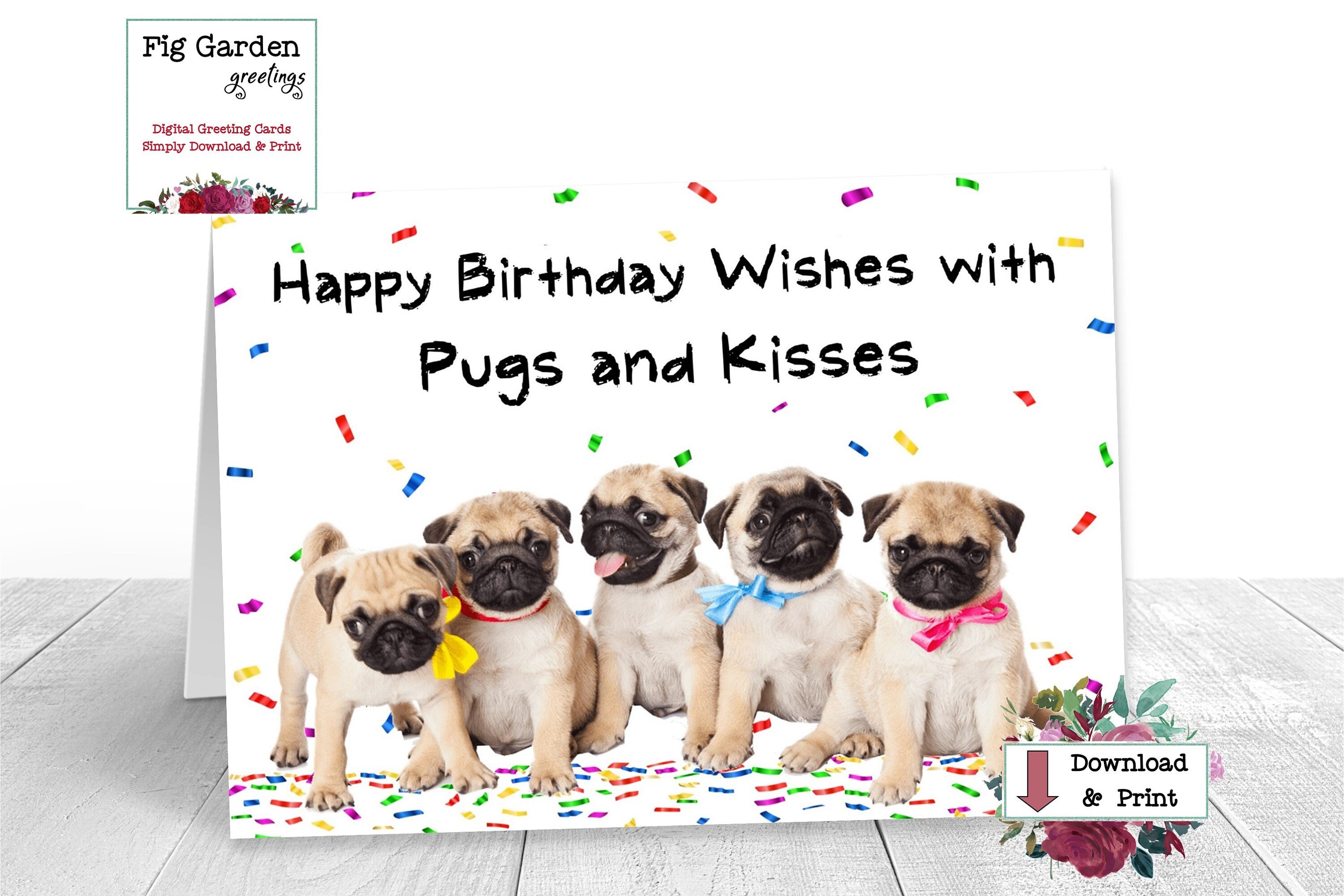 Pug Birthday Card With Pugs and Kisses, Printable Birthday Card, Happy ...