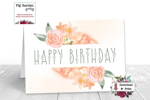 Printable Birthday Card Pretty Watercolor Peach Flowers Mom | Etsy