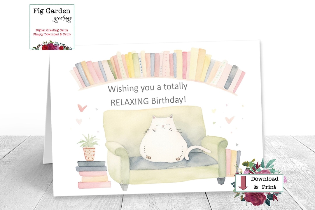 Cat Birthday Card - Book Birthday Card - Wishing You a Totally Relaxing ...