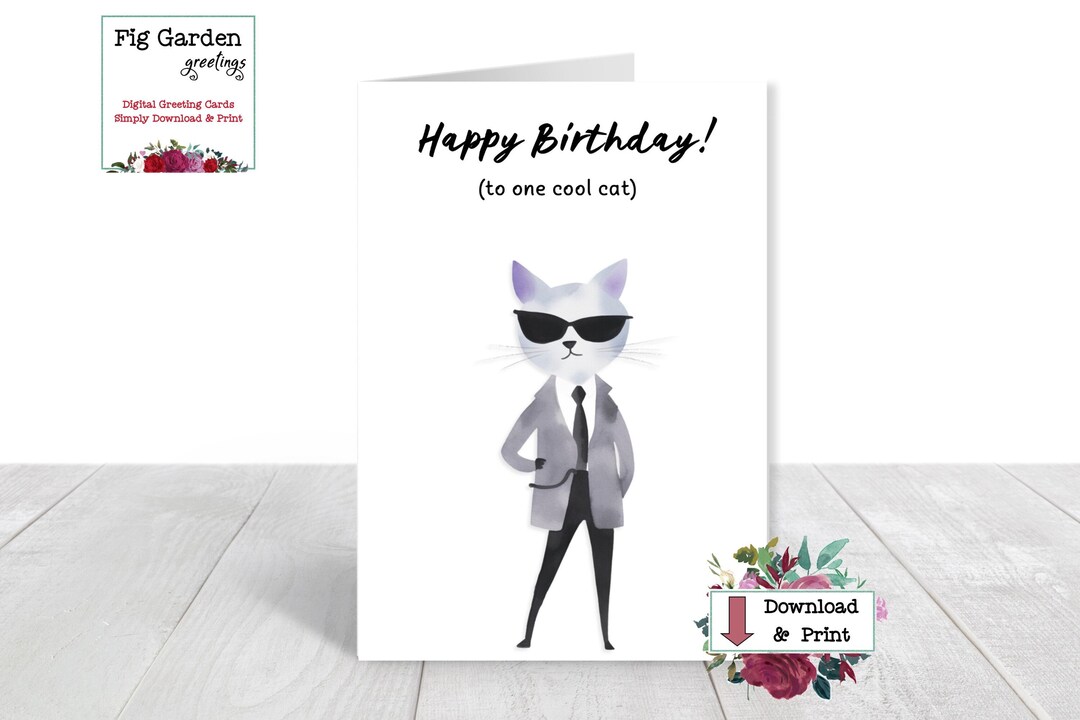 Cat Birthday Card - DIGITAL Download - Happy Birthday to One Cool Cat ...