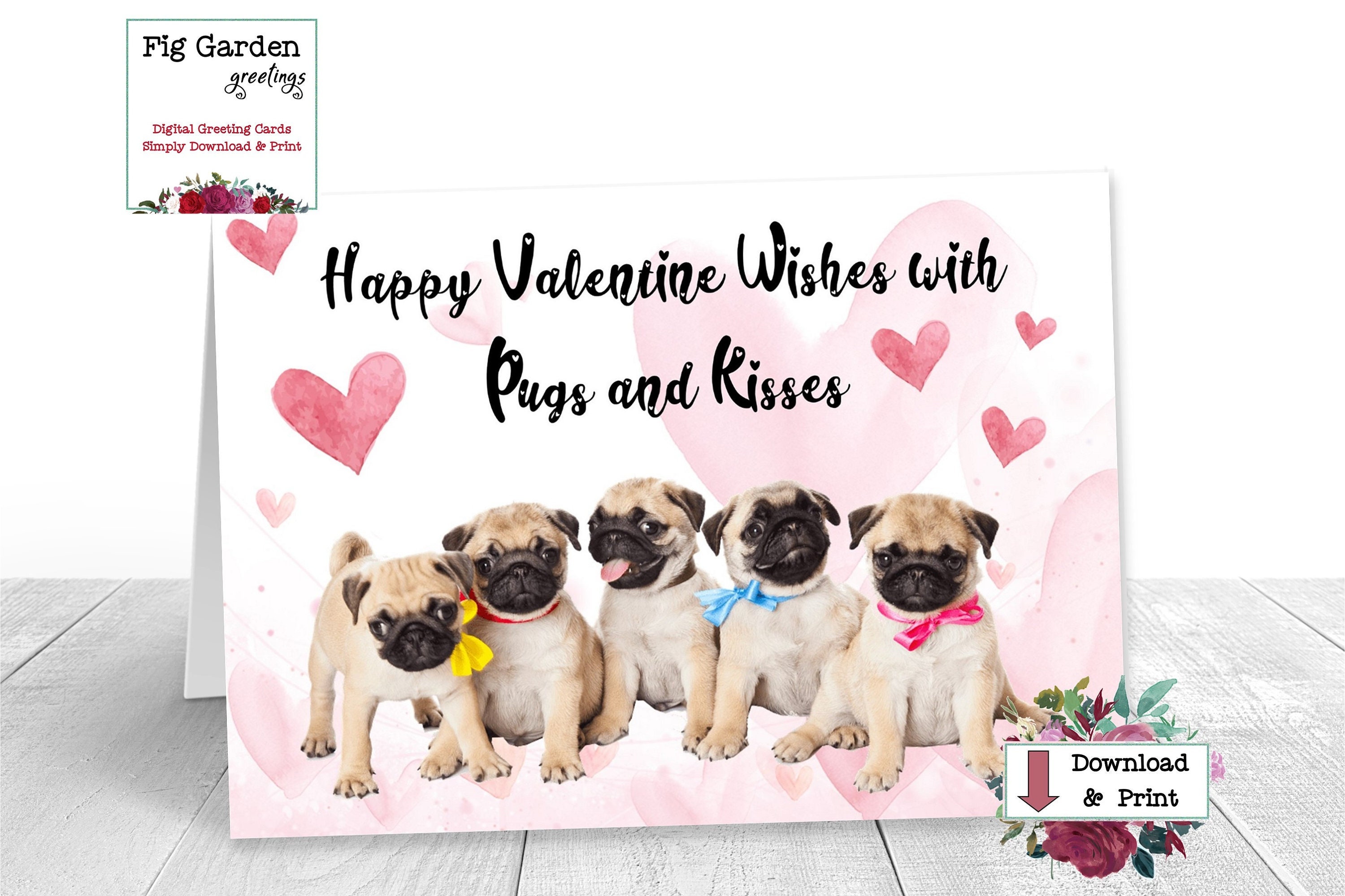 Pug Valentine Card With Pugs and Kisses, Printable Valentine's Day Card ...