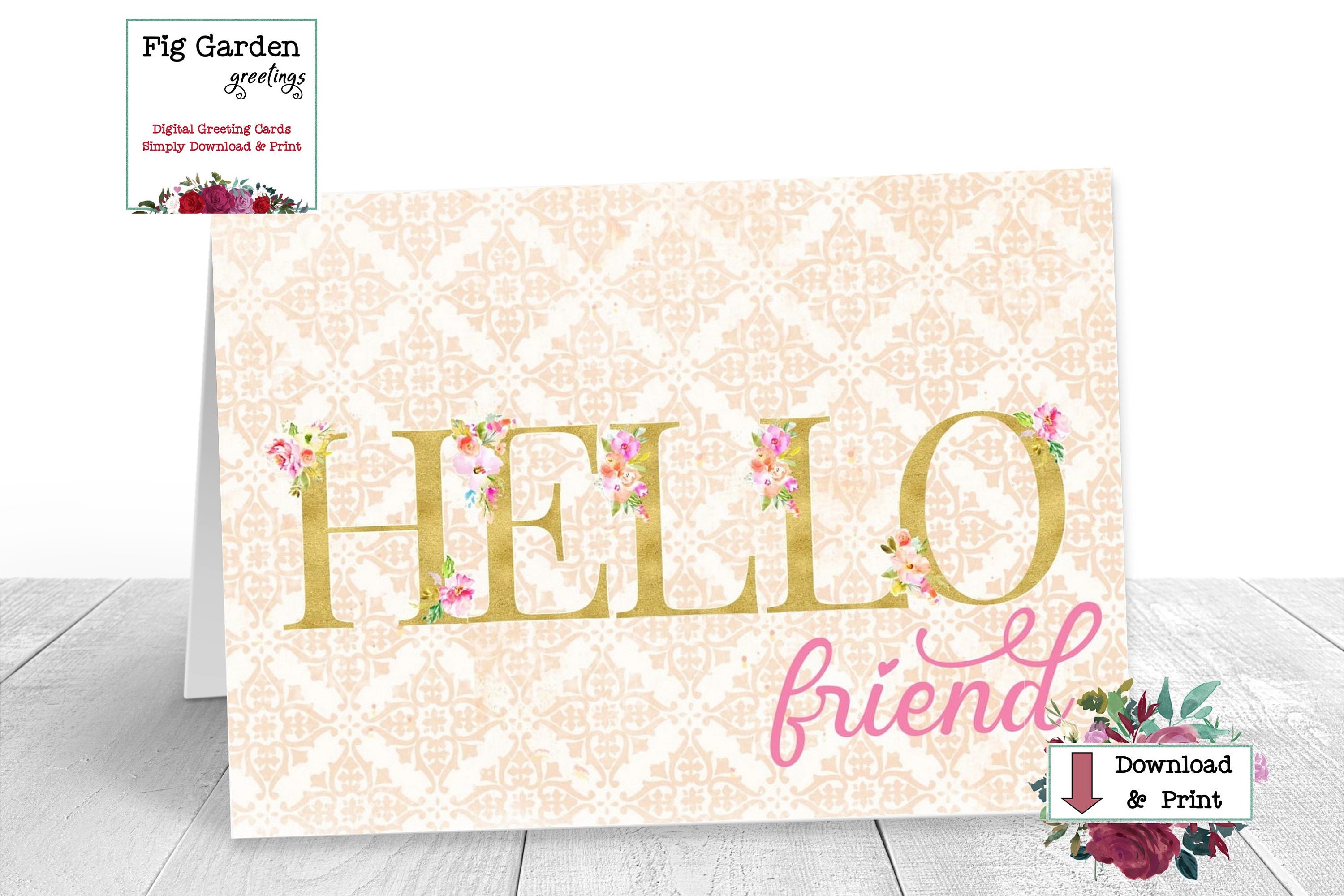 Printable Hello Friend Note Card Vintage Background Floral - Etsy