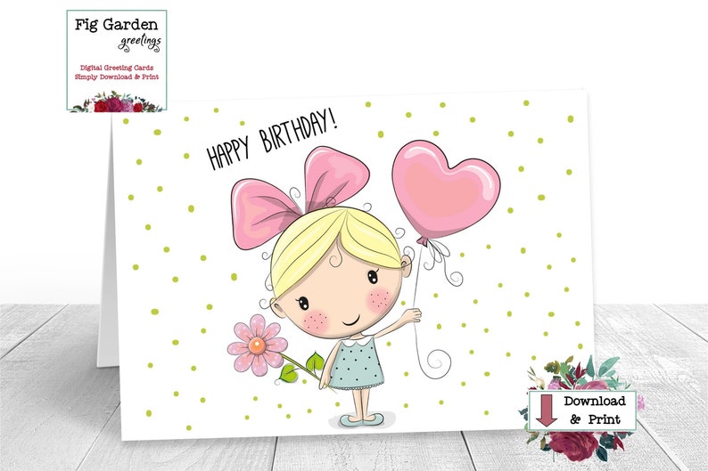 Birthday Card for Little Girl, Printable Greeting Card With Hearts ...