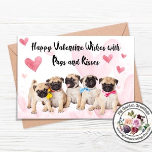 Pug Valentine Card With Pugs and Kisses, Printable Valentine's Day Card ...