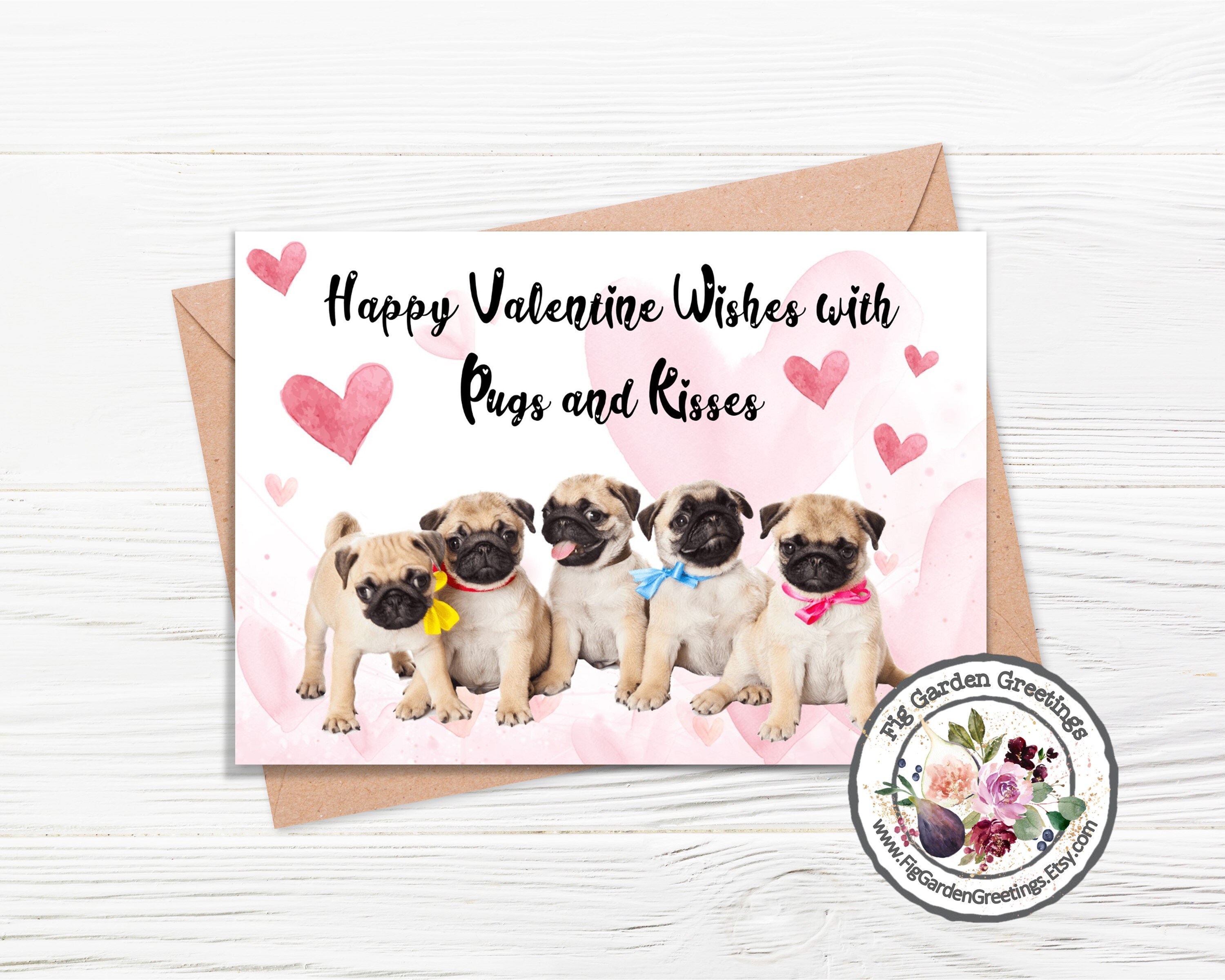 Pug Valentine Card With Pugs and Kisses, Printable Valentine's Day Card ...