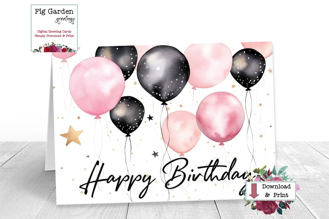 Birthday Card, Printable Birthday Card With Balloons, Digital Download ...