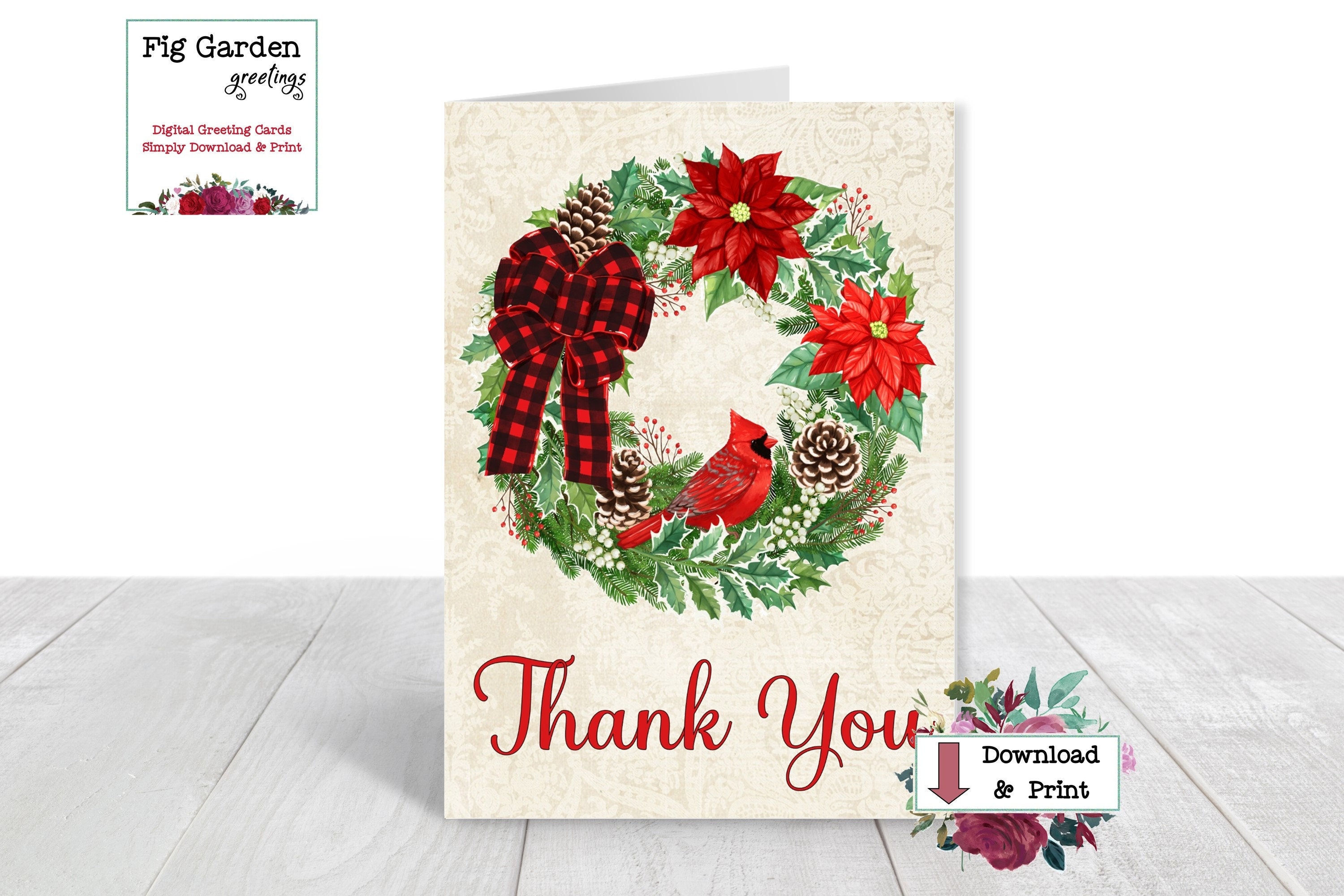 Printable Christmas Card, Pretty Thank You Card With Red Cardinal ...