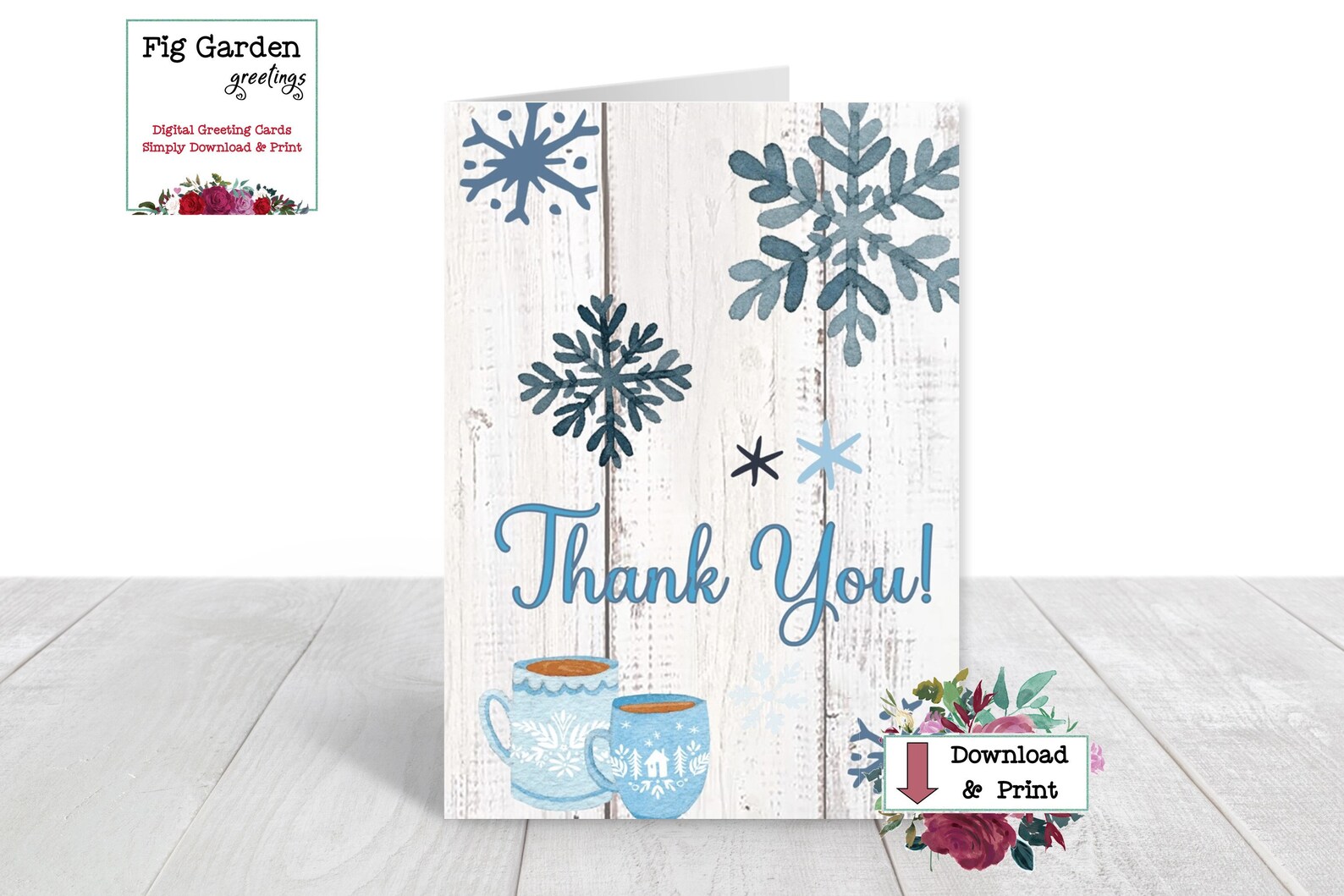 Printable Thank You Card, Winter Snowflakes, Tea Cup, Shiplap ...