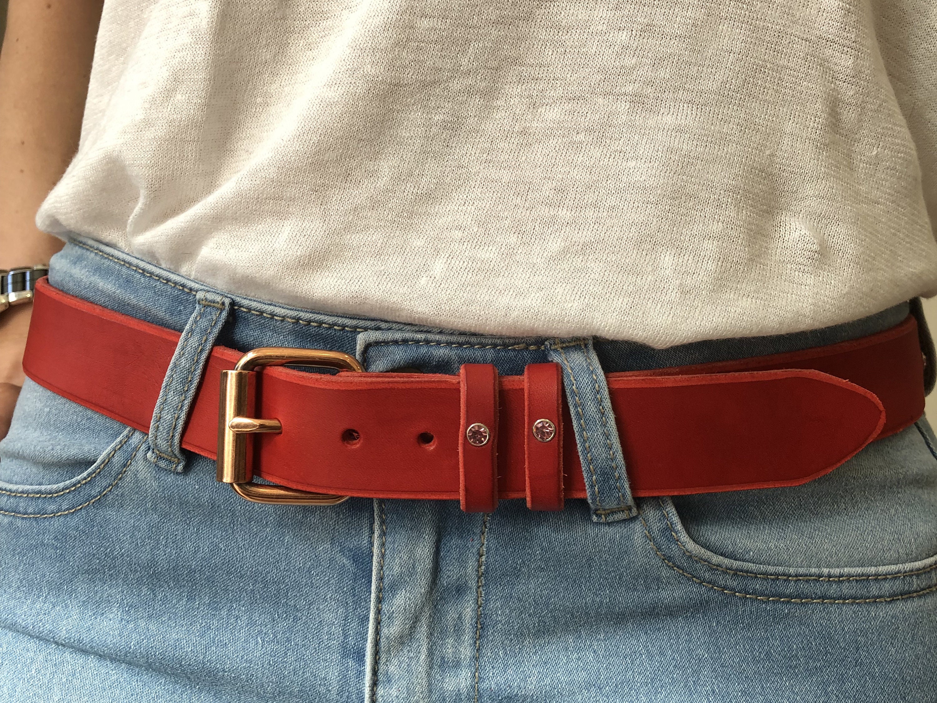 Womens Belt in Brown Leather Rose Gold Buckle and Decorated | Etsy