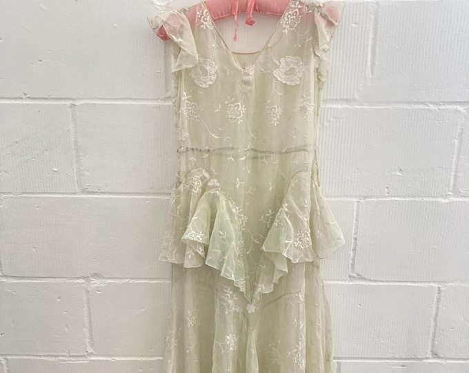 1930s Green Floral Cotton Organdy Dress Peplum Waist and Flutter ...