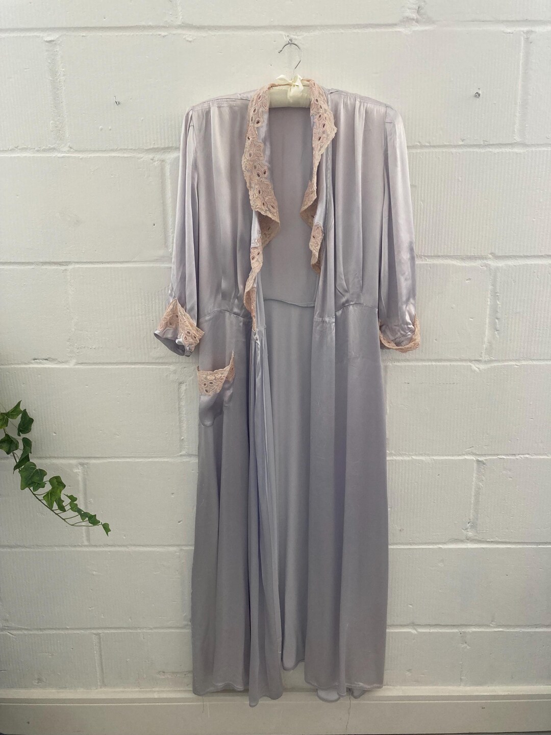 1940s Ice Blue Satin Robe Housecoat With Big Lace Collar Long Sleeves ...