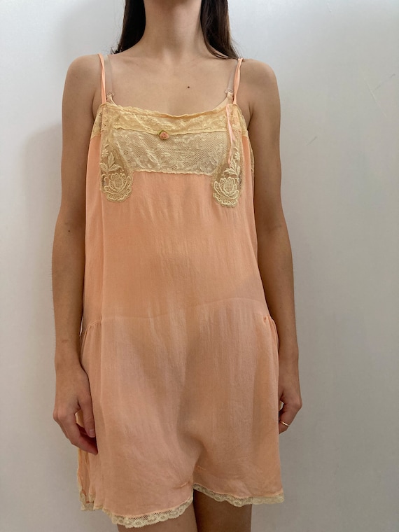 1920s 1930s Silk Chiffon Peach Teddy Playsuit Champag… - Gem